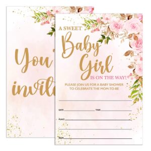 udnadkex baby shower invitations for girl floral with envelopes, invites for baby showers party blush pink watercolor flowers, sweet girl baby shower invite cards, 4"x6" set of 20