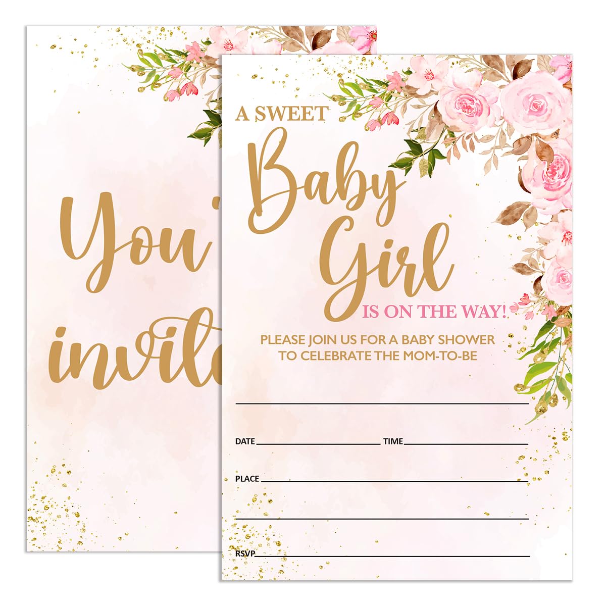 UDNADKEX Baby Shower Invitations for Girl Floral with Envelopes, Invites for Baby Showers Party Blush Pink Watercolor Flowers, Sweet Girl Baby Shower Invite Cards, 4"x6" Set of 20