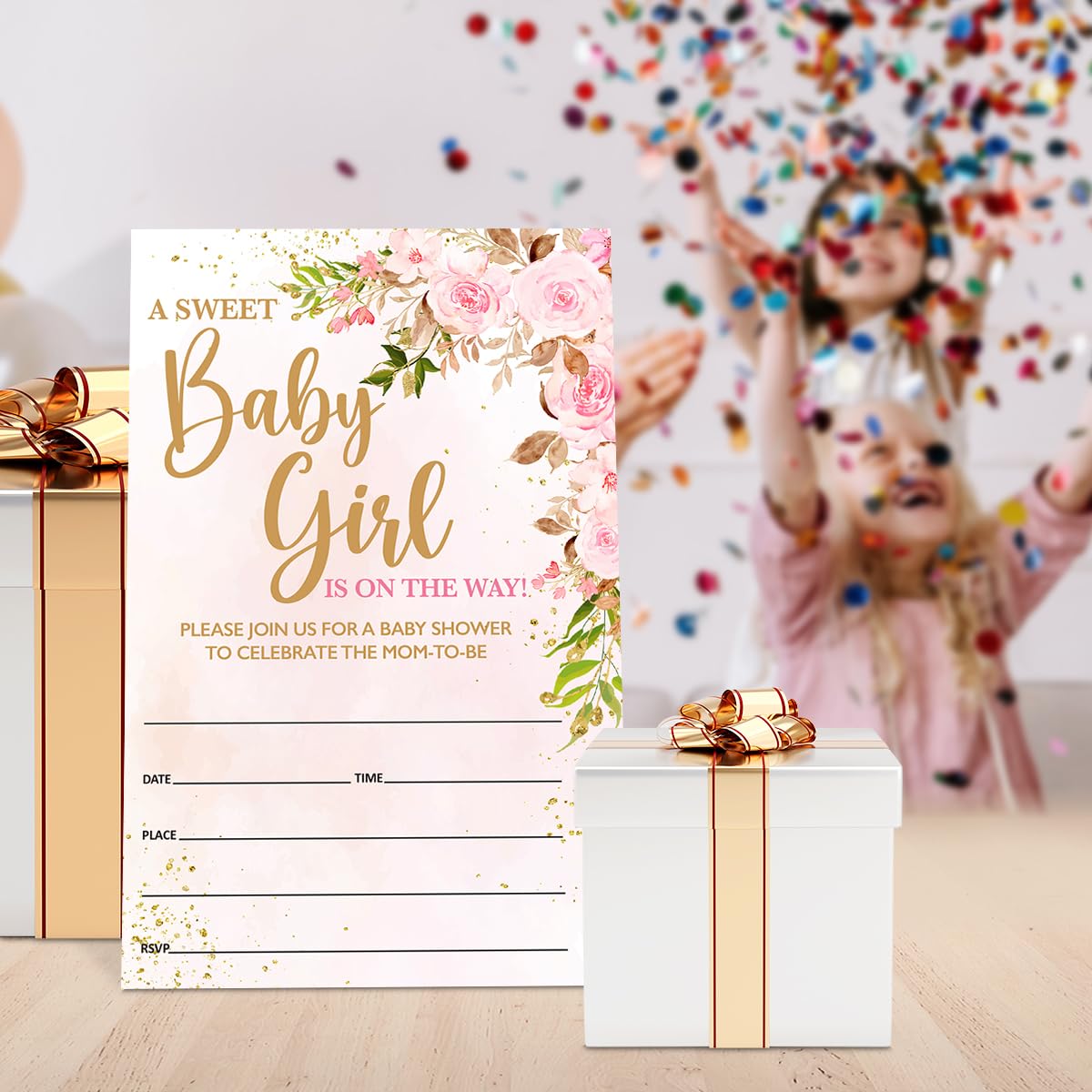 UDNADKEX Baby Shower Invitations for Girl Floral with Envelopes, Invites for Baby Showers Party Blush Pink Watercolor Flowers, Sweet Girl Baby Shower Invite Cards, 4"x6" Set of 20