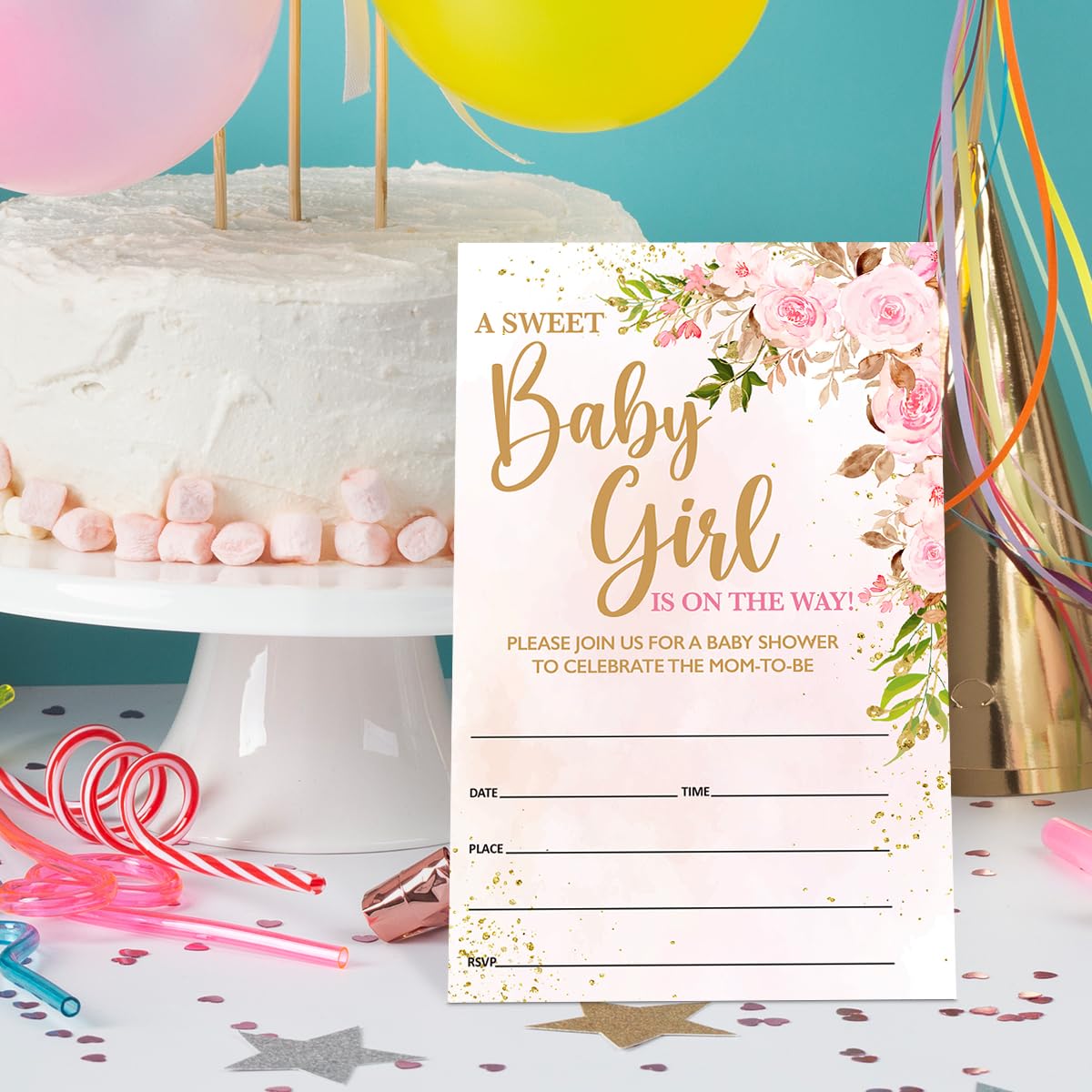 UDNADKEX Baby Shower Invitations for Girl Floral with Envelopes, Invites for Baby Showers Party Blush Pink Watercolor Flowers, Sweet Girl Baby Shower Invite Cards, 4"x6" Set of 20