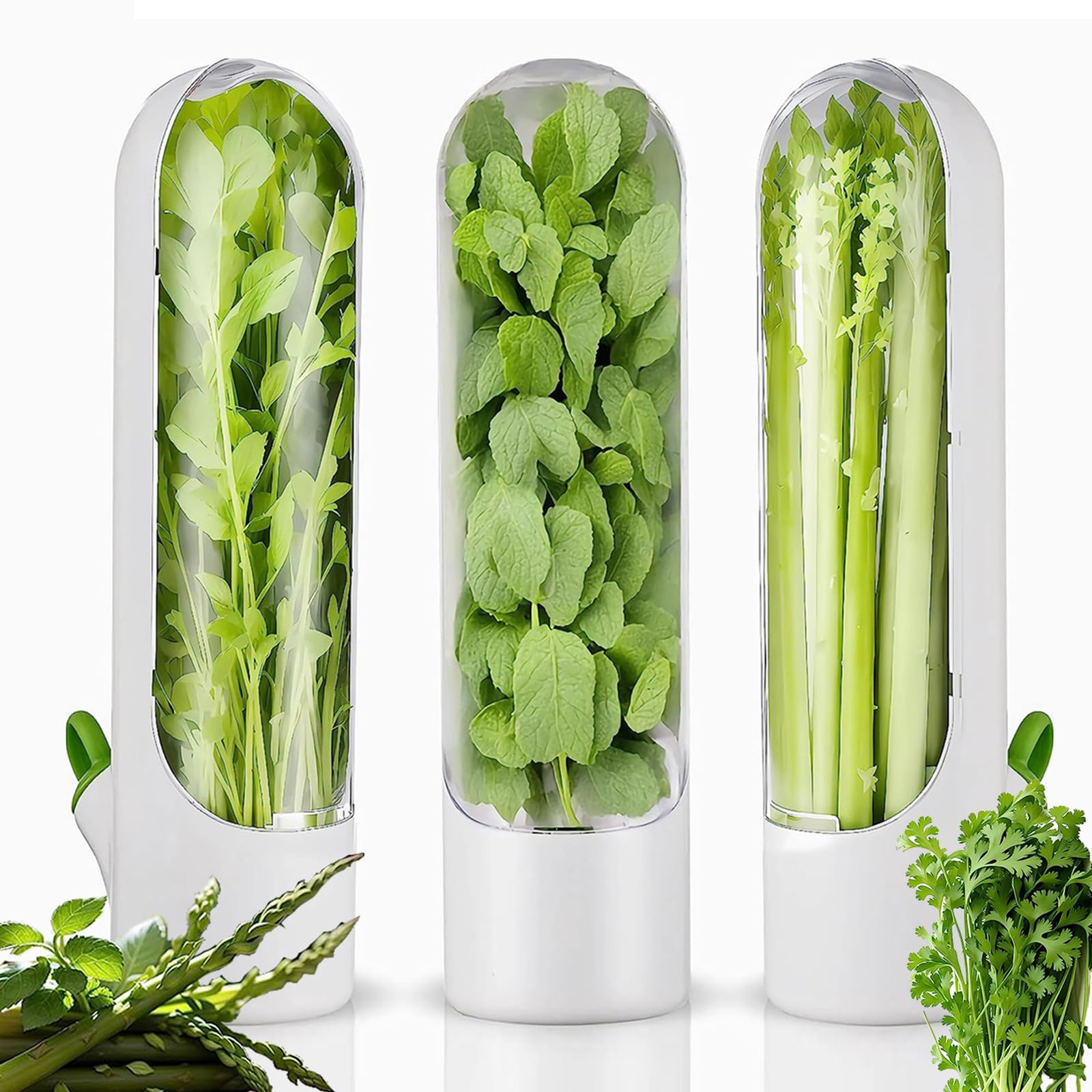 Herb Saver, Herb Keeper for Refrigerator, Cilantro Containers for Refrigerator, Herb Saver Pod, Fresh Herb Keeper for Cilantro, Parsley, Asparagus, Keeps Vegetables for 2-3 Weeks (3PCS Herb Saver)