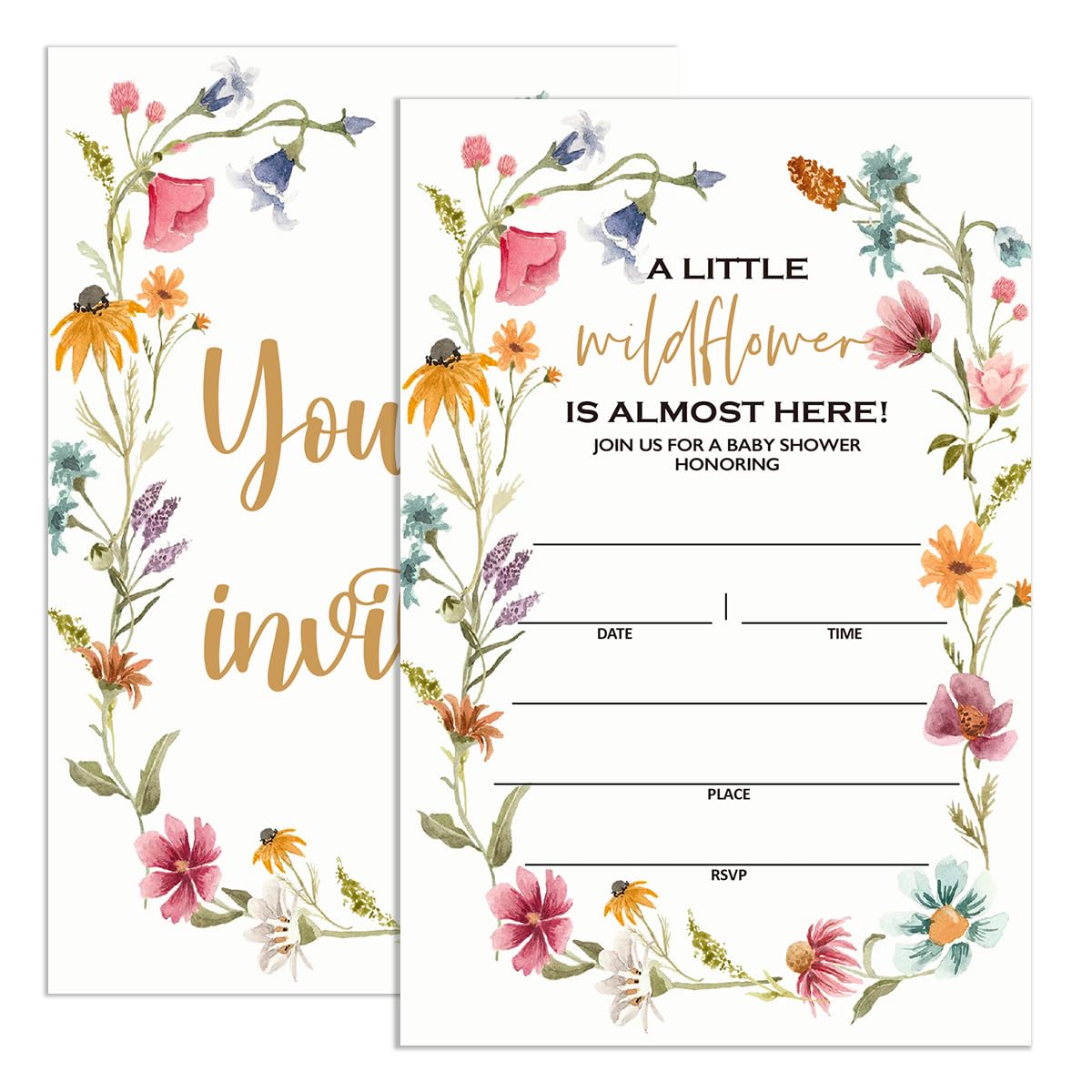 UDNADKEX Baby Shower Invitations for Girl Floral with Envelopes, Invites for Baby Showers Party Boho, Bohemian Wildflower Baby Shower Invite Cards, Wildflower Is Almost Here, 4"x6" Set of 20