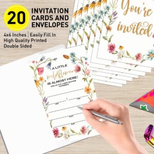 UDNADKEX Baby Shower Invitations for Girl Floral with Envelopes, Invites for Baby Showers Party Boho, Bohemian Wildflower Baby Shower Invite Cards, Wildflower Is Almost Here, 4"x6" Set of 20