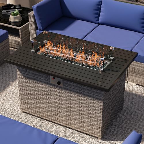 EAGLE PEAK 42 Inch Outdoor Propane Gas Fire Pit Table, 50,000 BTU Auto-Ignition Rectangular Gas Fire Pit with Glass Wind Guard, Gray PE Rattan