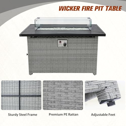 EAGLE PEAK 42 Inch Outdoor Propane Gas Fire Pit Table, 50,000 BTU Auto-Ignition Rectangular Gas Fire Pit with Glass Wind Guard, Gray PE Rattan