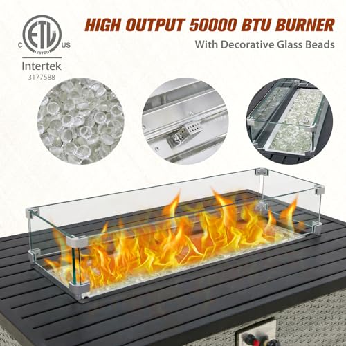 EAGLE PEAK 42 Inch Outdoor Propane Gas Fire Pit Table, 50,000 BTU Auto-Ignition Rectangular Gas Fire Pit with Glass Wind Guard, Gray PE Rattan