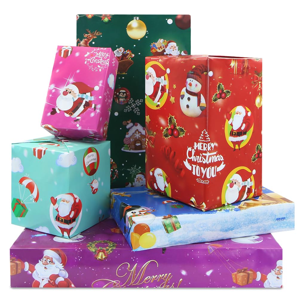 Geluode Christmas Wrapping Paper, Gift Wrapping Papers With Ribbon, Santa Snowman Christmas Tree Snowflake Merry Christmas Wrapping Paper for Family Friends Kids lovers Christmas Holidays