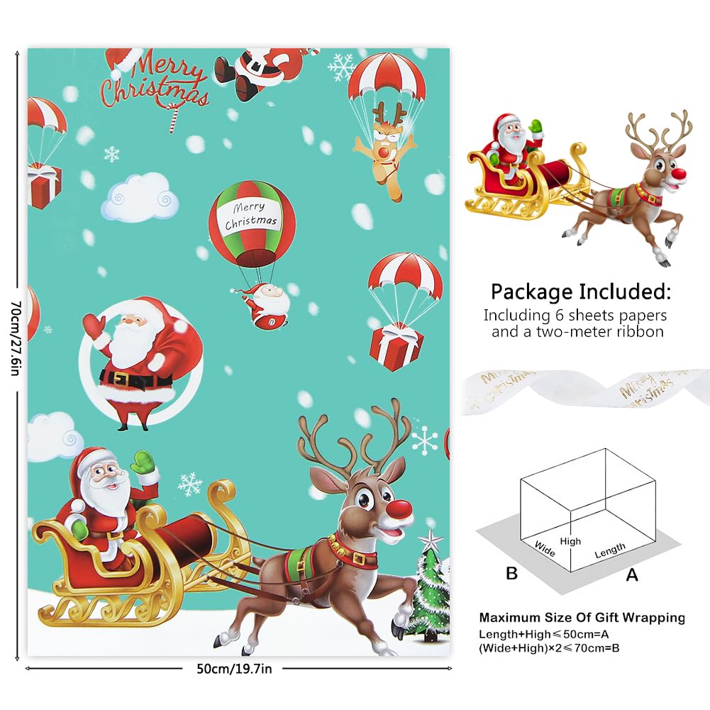 Geluode Christmas Wrapping Paper, Gift Wrapping Papers With Ribbon, Santa Snowman Christmas Tree Snowflake Merry Christmas Wrapping Paper for Family Friends Kids lovers Christmas Holidays