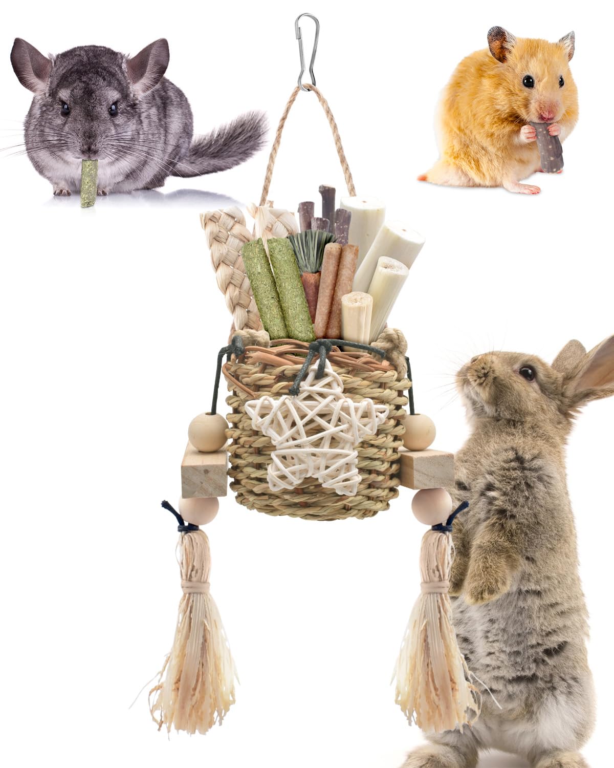 Bissap Bunny Chew Toys, Natural Seagrass Hanging Basket Chews Water Plant Woven Chinchillas Chewing Treats for Rabbits Guinea Pigs Chinchillas Hamsters Rats and Other Small Pets Teeth Grinding Toy