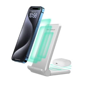 2 in 1 wireless charger,foldable 20w fast wireless charging stand compatible with iphone 15/15 pro/14/13/12/x/airpods,dual phone induction charge station for samsung,pixel,xperia,lg g8(no plug)