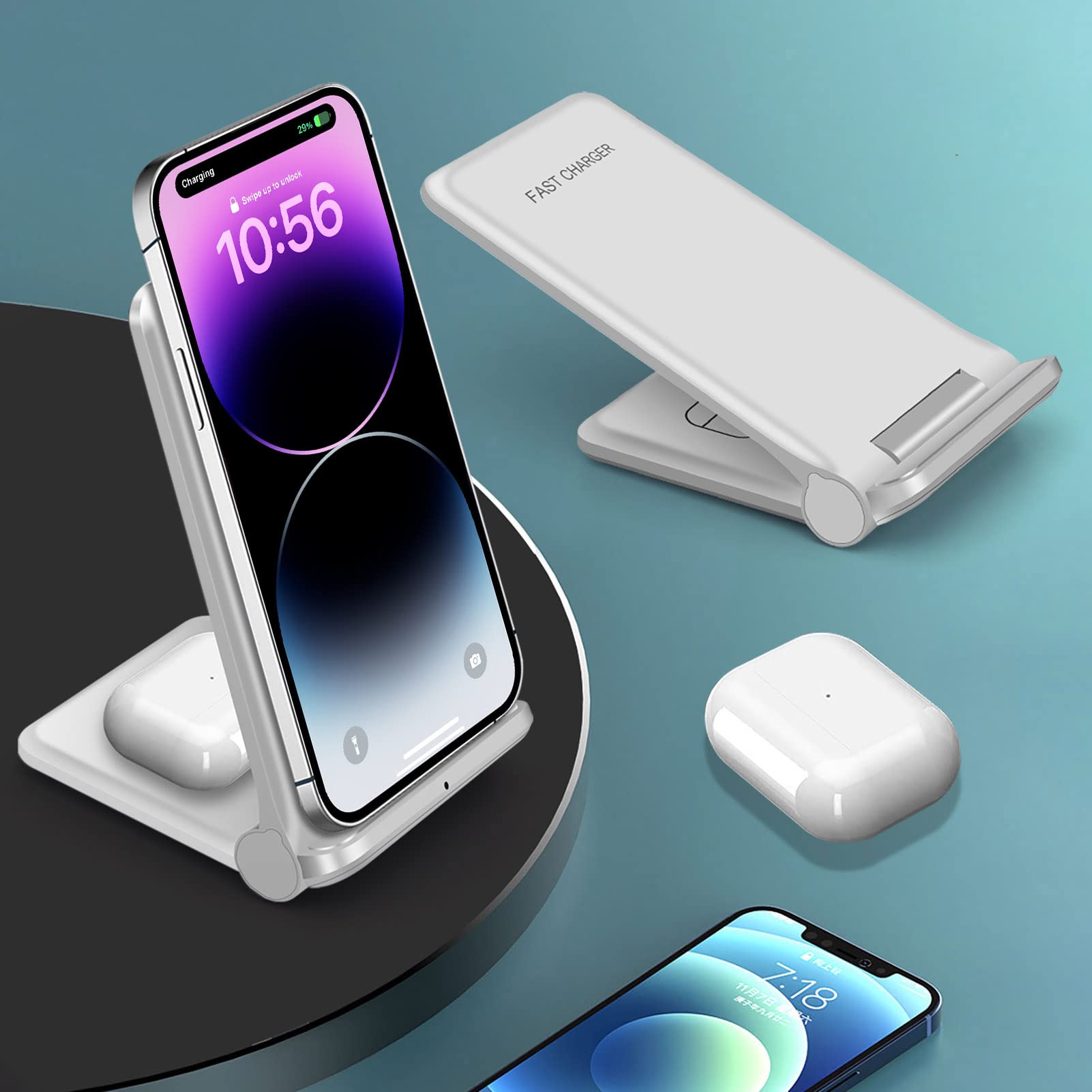 2 in 1 Wireless Charger,Foldable 20W Fast Wireless Charging Stand Compatible with iPhone 15/15 Pro/14/13/12/X/AirPods,Dual Phone induction charge station for Samsung,Pixel,Xperia,LG G8(No Plug)