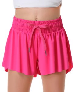 girls flowy shorts butterfly shorts for kids with pocket 2-in-1 athletic shorts running shorts for girls youth teen active workout sports (hot pink# girls, x-large)