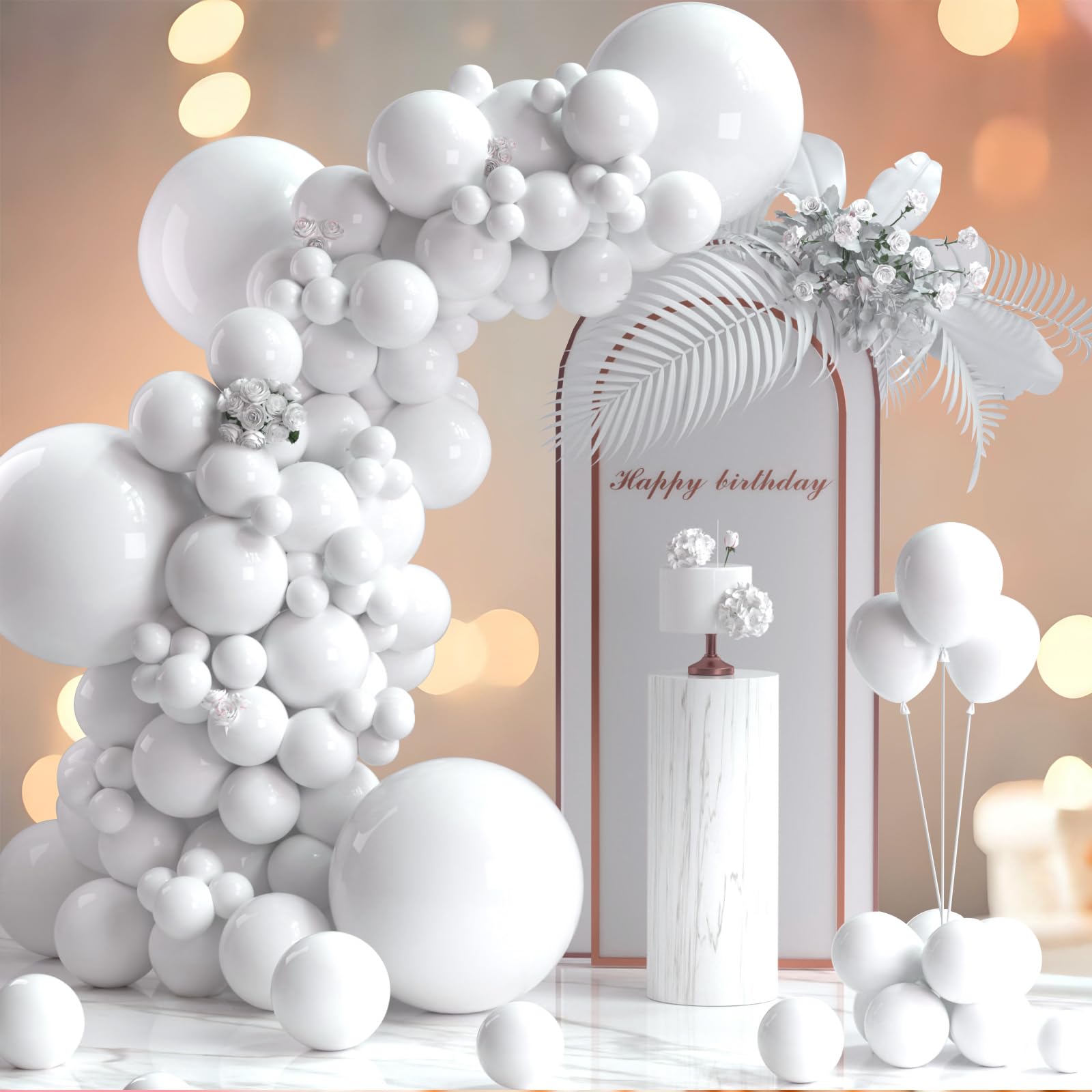 130pcs White Balloons Garlands Kit, 18" 12" 10" 5" Different Sizes Pack White Latex Balloon Arch for Birthday Graduation Wedding Anniversary Party Decorations(With 2 Ribbons)