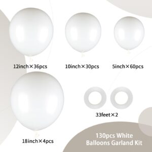 130pcs White Balloons Garlands Kit, 18" 12" 10" 5" Different Sizes Pack White Latex Balloon Arch for Birthday Graduation Wedding Anniversary Party Decorations(With 2 Ribbons)