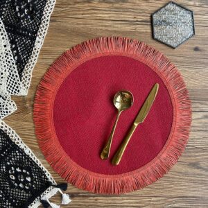 6PCS/Set Round Jute Placemat Linen Cup Mats Tassels Table Mat Decoration Kitchen Heat Insulation Non-Slip Mat Photography Prop (Red)