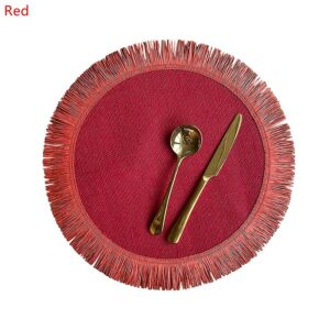 6PCS/Set Round Jute Placemat Linen Cup Mats Tassels Table Mat Decoration Kitchen Heat Insulation Non-Slip Mat Photography Prop (Red)