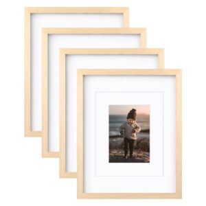 kinlink 11x14 picture frames white oak, light wood frames with acrylic plexiglass for pictures 5x7/8x10 with mat or 11x14 without mat, tabletop and wall mounting display, set of 4