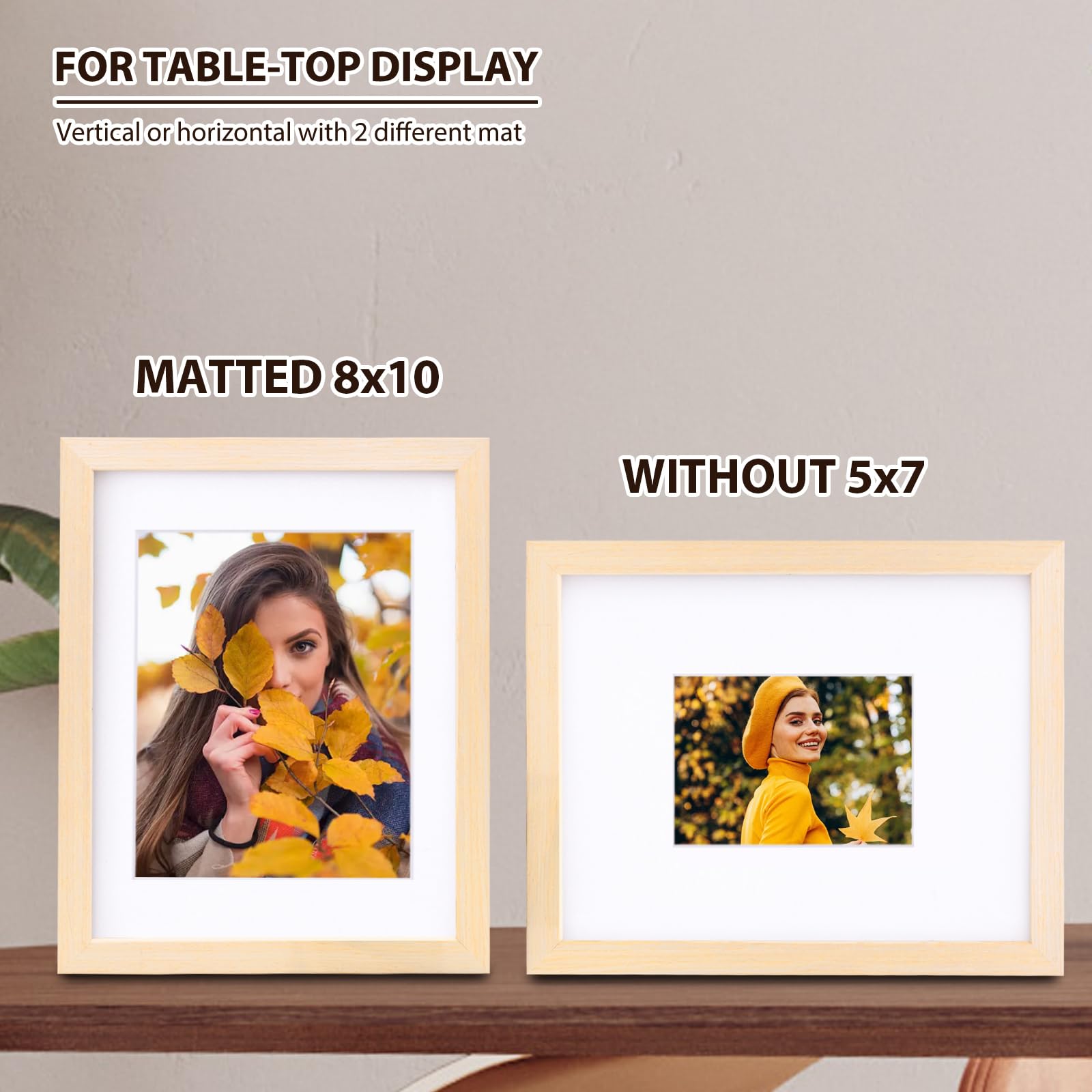 KINLINK 11x14 Picture Frames White Oak, Light Wood Frames with Acrylic Plexiglass for Pictures 5x7/8x10 with Mat or 11x14 without Mat, Tabletop and Wall Mounting Display, Set of 4