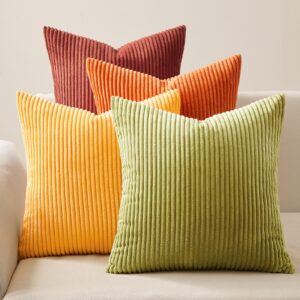 topfinel fall burnt orange decorative throw pillows covers 18x18 inch set of 4,yellow green gradient series corduroy striped square pillow case,western modern cushion cover for couch sofa bedroom