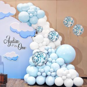 Blue and White Balloons Garland Arch Kit, 124 Pcs 18/12/10/5 Inch Light Blue balloons Matte White Latex Balloons, Pastel Baby Blue Balloons with Blue Confetti Balloons for Birthday Party Decoration