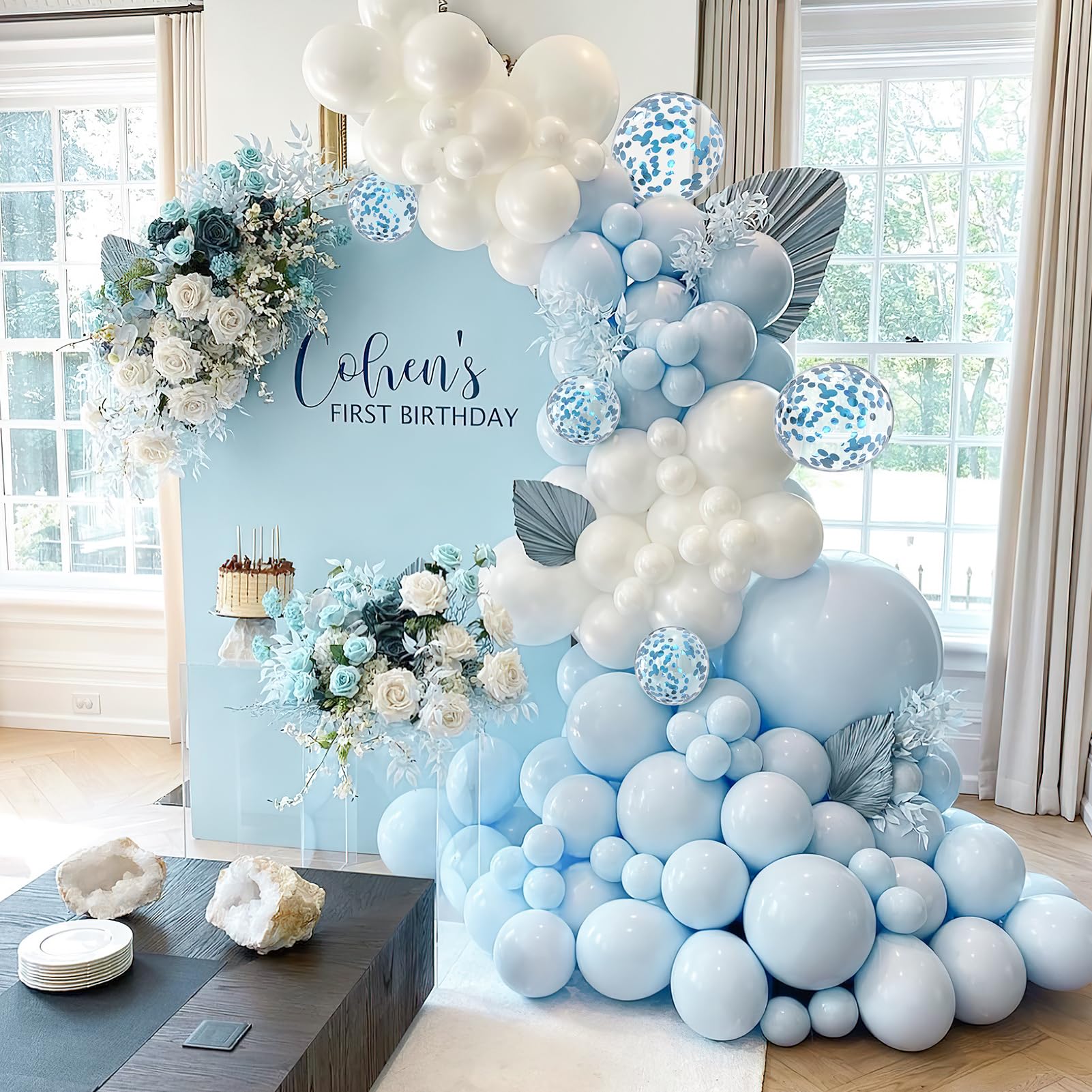 Blue and White Balloons Garland Arch Kit, 124 Pcs 18/12/10/5 Inch Light Blue balloons Matte White Latex Balloons, Pastel Baby Blue Balloons with Blue Confetti Balloons for Birthday Party Decoration