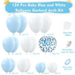 Blue and White Balloons Garland Arch Kit, 124 Pcs 18/12/10/5 Inch Light Blue balloons Matte White Latex Balloons, Pastel Baby Blue Balloons with Blue Confetti Balloons for Birthday Party Decoration