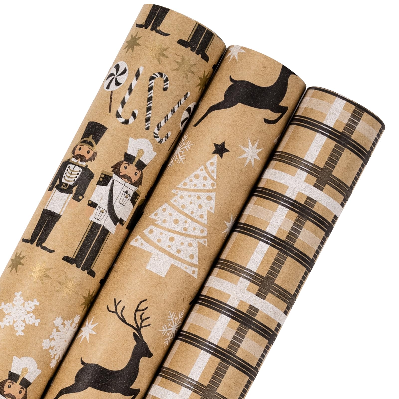 LeZakaa Christmas Kraft Wrapping Paper - Mini Roll - Nutcracker/Reindeer/Grid in Black and White for Holiday Gift Wrap, Arts Crafts - 17 x 120 inches - 3 Rolls (42.5 sq.ft.ttl.)