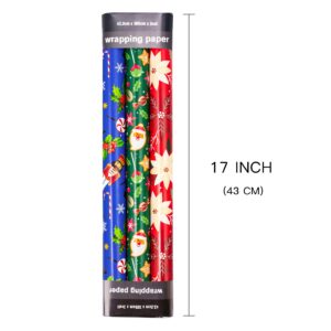 LeZakaa Christmas Wrapping Paper Roll - Min Roll - Nutcracker/Berry Flower/Santa Claus in Blue, Red and Green for Gift Wrap, DIY Craft - 17 x 120 inches - 3 Rolls (42.5 sq.ft.ttl.)