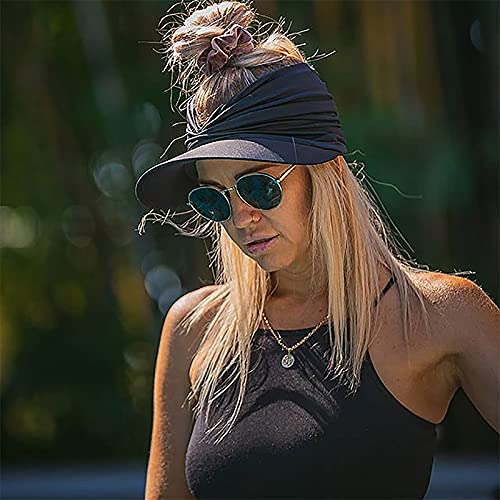 Sun Visor Hat Womens Wide Brim Packable Summer Ponytail Cap UV Protection Beach Sport Cap Black