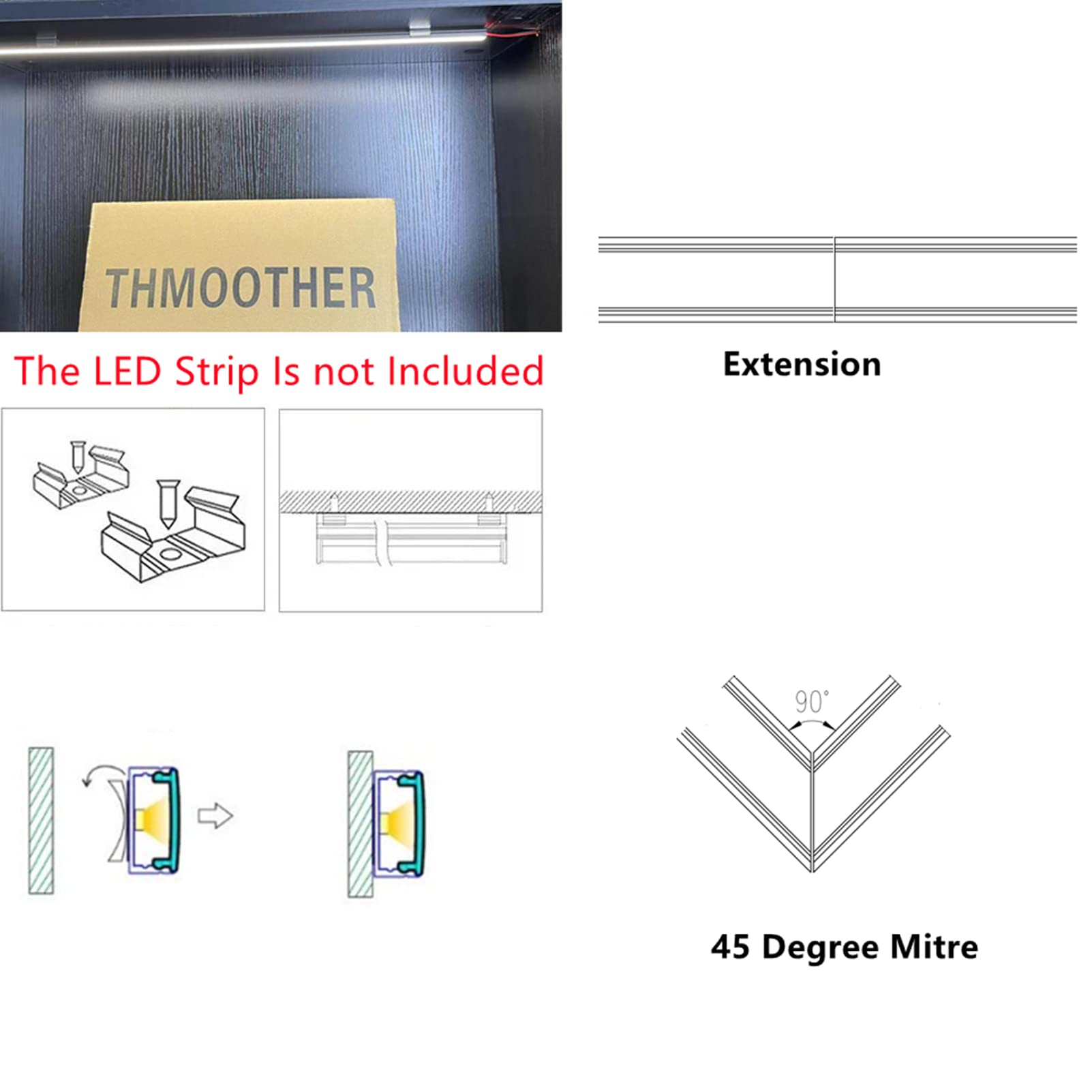 THMOOTHER 6-Pack 16inch Surface Mounted LED Strip Aluminum Channel with Anti UV Diffuser - Enhance Your Lighting with Style and Functionality