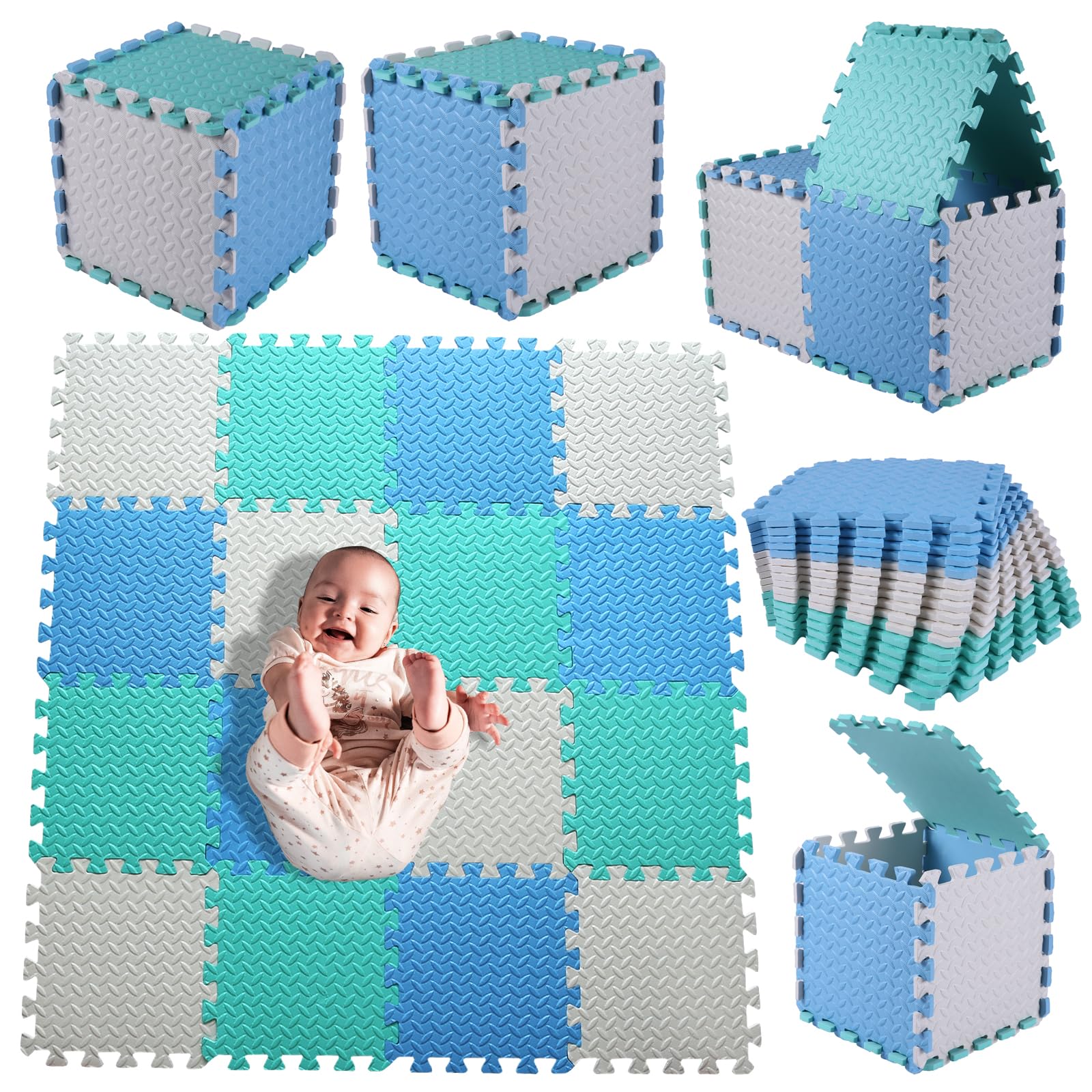 Coolcandy Foam Play Mat(16 Pcs/Set), Multi-Colored Play Mat for Baby, EVA Non-Toxic Interlocking Foam Puzzle Floor Mats, 0.4" Thick Square Kids Playmat for 47 * 47" Playpen(White/Green/Blue)