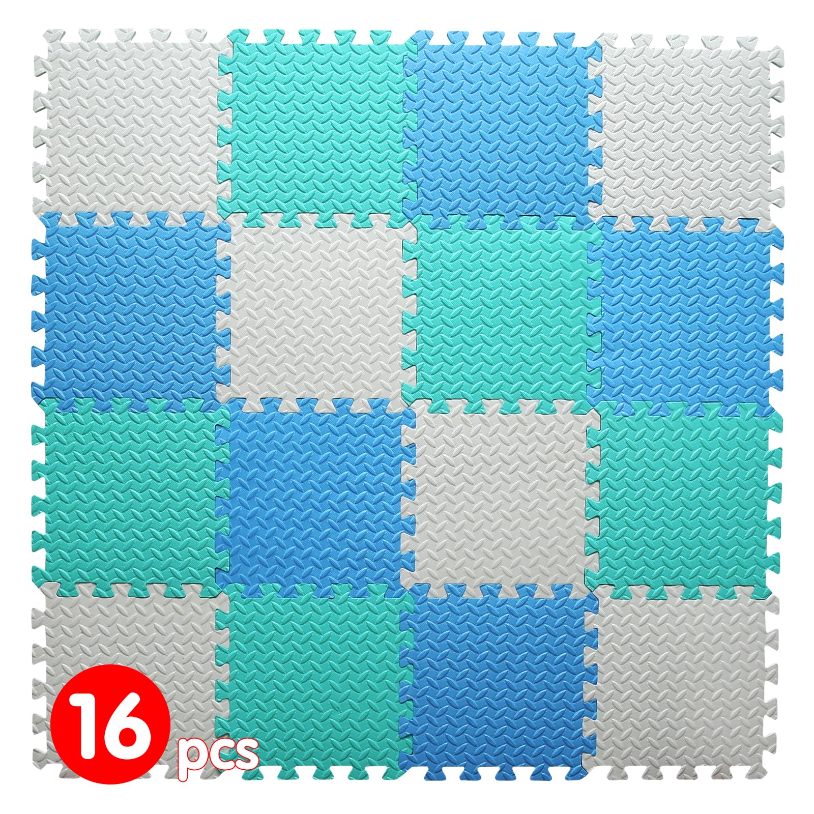 Coolcandy Foam Play Mat(16 Pcs/Set), Multi-Colored Play Mat for Baby, EVA Non-Toxic Interlocking Foam Puzzle Floor Mats, 0.4" Thick Square Kids Playmat for 47 * 47" Playpen(White/Green/Blue)