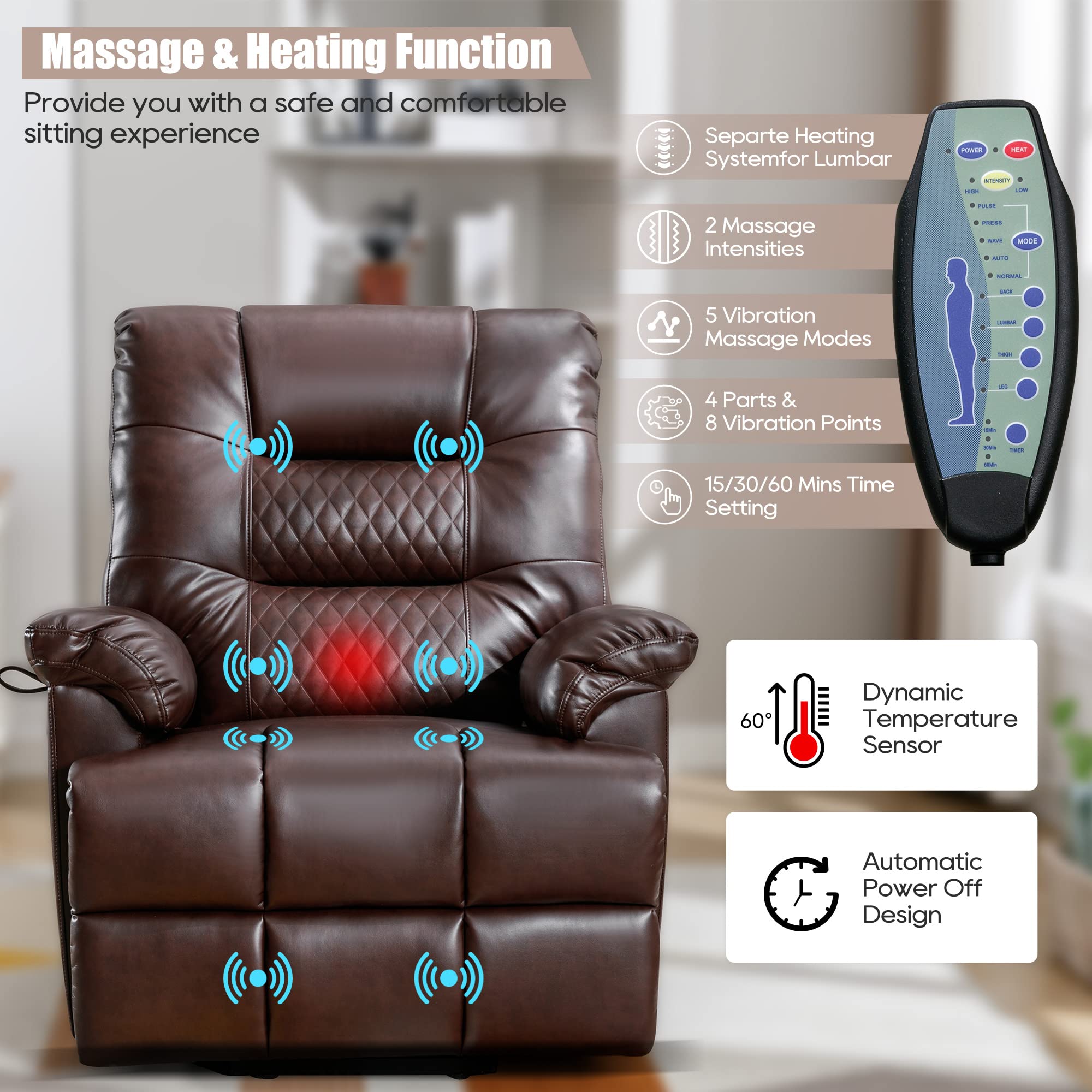 GUEAPY Lift Chair-Power Lift Recliner Chair for Elderly, Power Recliner with Heat and Massage,Electric Recliner Chair with USB & Type-C Ports, Pocket, Infinite Position, Faux Leather