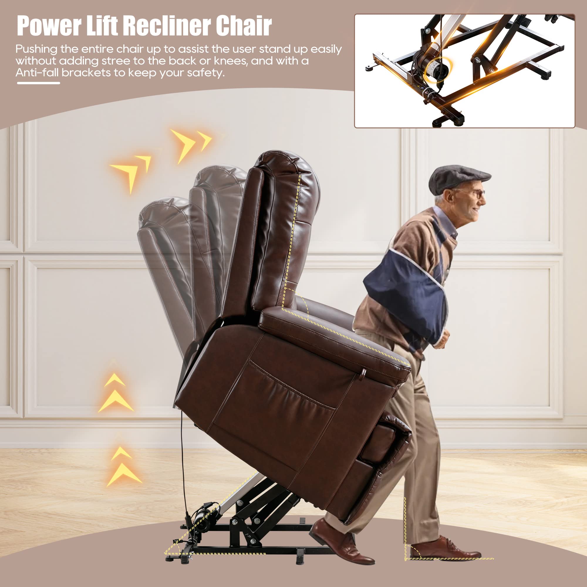 GUEAPY Lift Chair-Power Lift Recliner Chair for Elderly, Power Recliner with Heat and Massage,Electric Recliner Chair with USB & Type-C Ports, Pocket, Infinite Position, Faux Leather