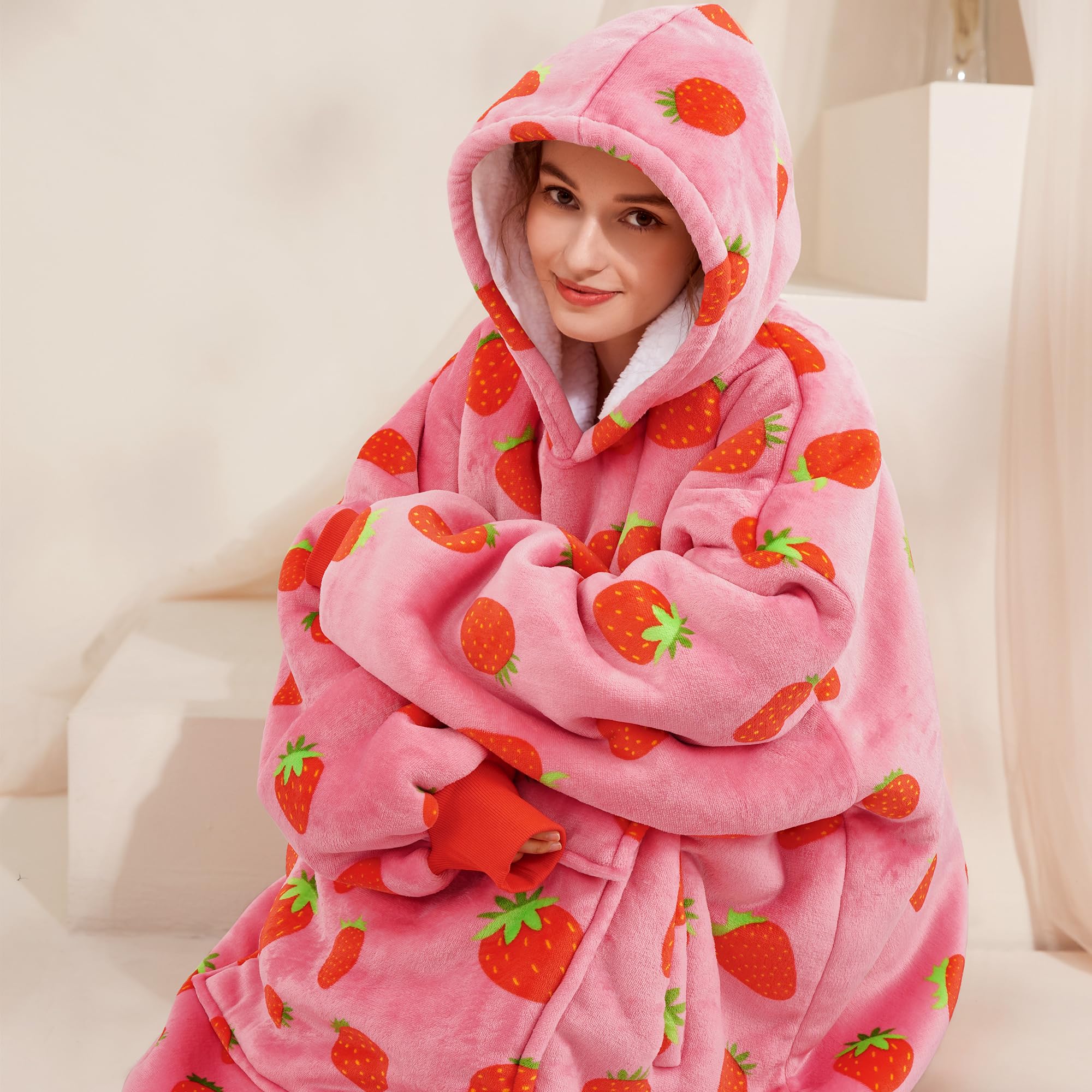 Narecte Oversized Blanket Hoodie Blanket for Women,Wearable Blanket Adult Giant Hoodie Cozy Sweatshirt Kawaii Stuff,Birthday Gifts for Women, for Sister,Teen Girl Gifts Strawberry