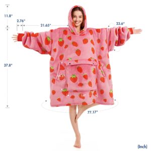 Narecte Oversized Blanket Hoodie Blanket for Women,Wearable Blanket Adult Giant Hoodie Cozy Sweatshirt Kawaii Stuff,Birthday Gifts for Women, for Sister,Teen Girl Gifts Strawberry