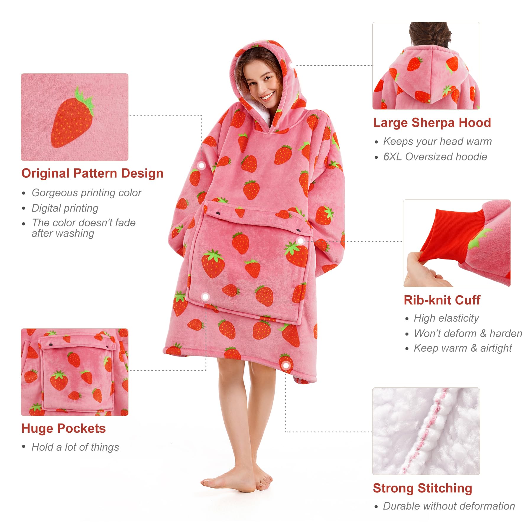 Narecte Oversized Blanket Hoodie Blanket for Women,Wearable Blanket Adult Giant Hoodie Cozy Sweatshirt Kawaii Stuff,Birthday Gifts for Women, for Sister,Teen Girl Gifts Strawberry