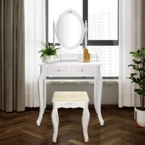 hepmimzhu vanity desk with mirror and lights and drawers, vanity mirror with lights desk and chair, wood makeup vanity with drawers & shelves, cushion stool, for bedroom (white6)