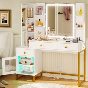 adorneve makeup vanity desk with lighted mirror, makeup vanity with lights & charging station, 3 drawers & rgb cabinet, makeup table set with full-length mirror, white & gold