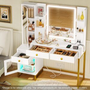 ADORNEVE Makeup Vanity Desk with Lighted Mirror, Makeup Vanity with Lights & Charging Station, 3 Drawers & RGB Cabinet, Makeup Table Set with Full-Length Mirror, White & Gold