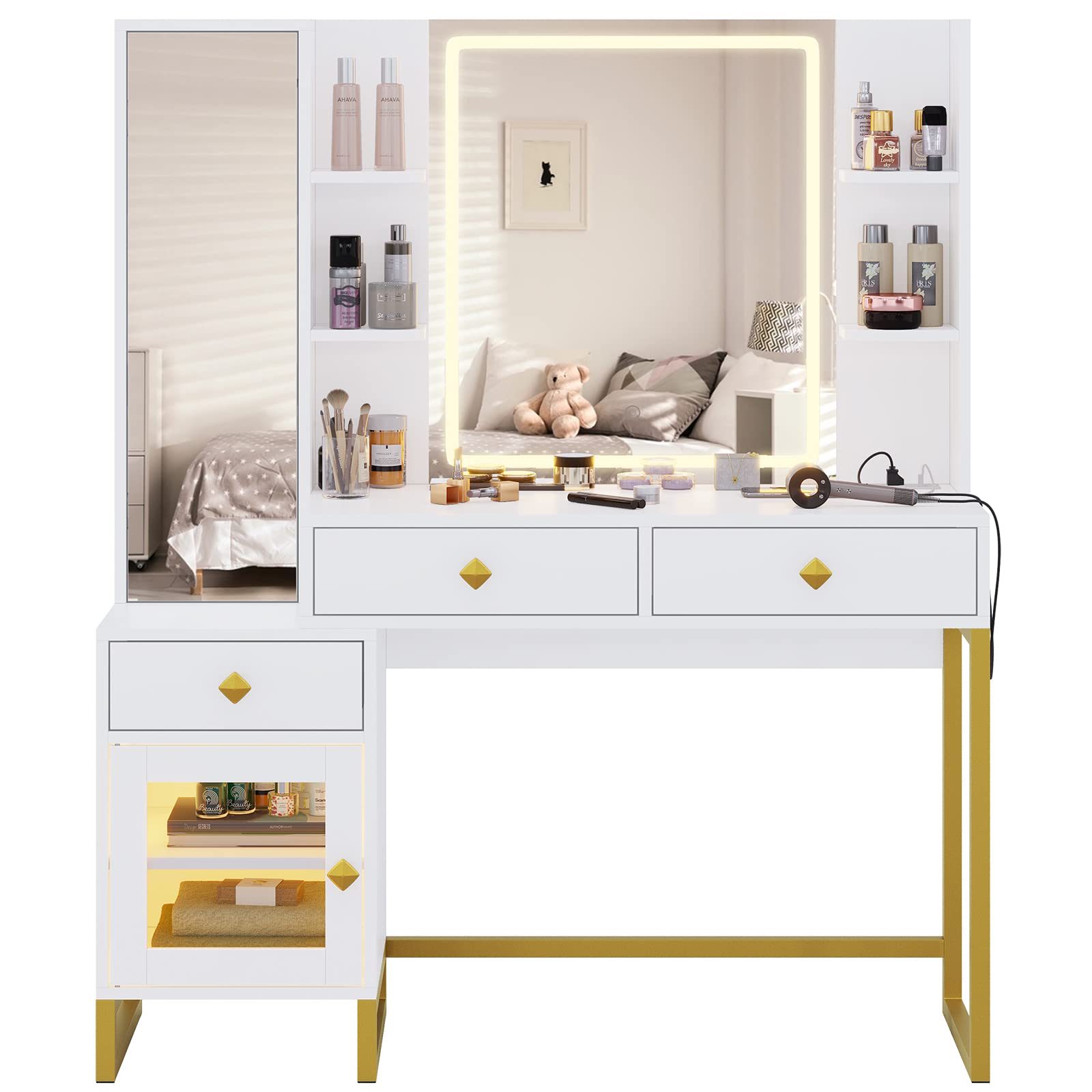 BTHFST Vanity Desk with Full Length Mirror and Lights, Makeup Vanity with Lights and Charging Station, Large Makeup Table with Drawers Shelves Cabinet, Vanity Table with Ambient Light, White and Gold