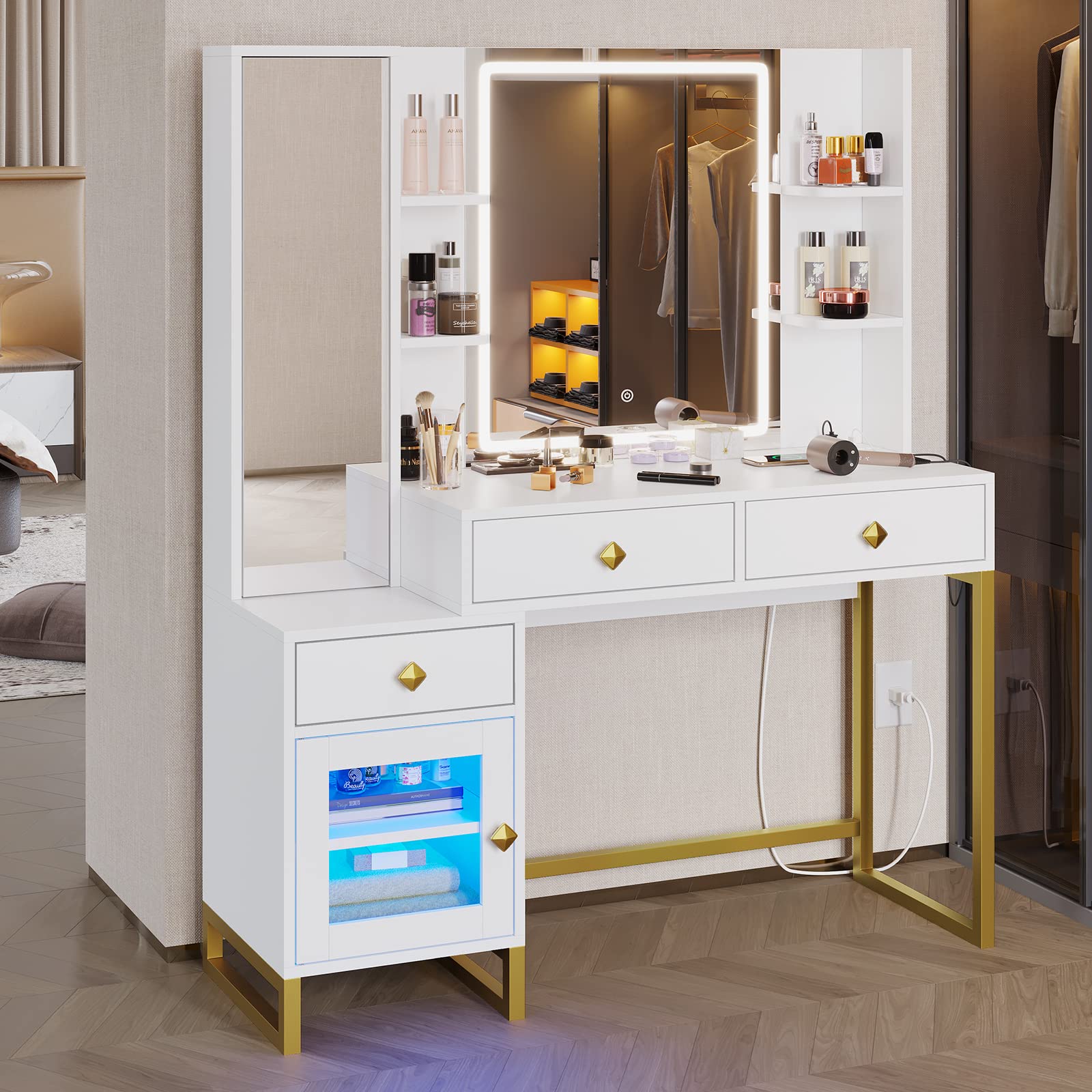 BTHFST Vanity Desk with Full Length Mirror and Lights, Makeup Vanity with Lights and Charging Station, Large Makeup Table with Drawers Shelves Cabinet, Vanity Table with Ambient Light, White and Gold