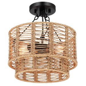 hermasgi 12.6'' farmhouse rattan semi flush mount ceiling light,boho light fixtures with 2-tier drum hand-woven natural rattan shade,rattan ceiling lamp for hallway bedroom entryway living room