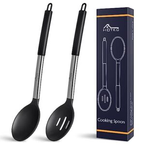 hotec heat resistant large silicone cooking spoon, solid slotted spoons, nonstick kitchen cookware utensils, mixing, serving, stiring large spoons, black