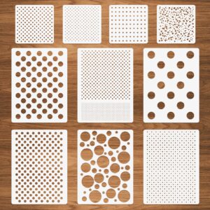 dots stencils, 10 pcs mixed media assorted size polka dot stencils repeating reusable cluttered circle stencils for painting on wood furniture pillow wall scrapbook card making diy craft (a4 & 6"x6")