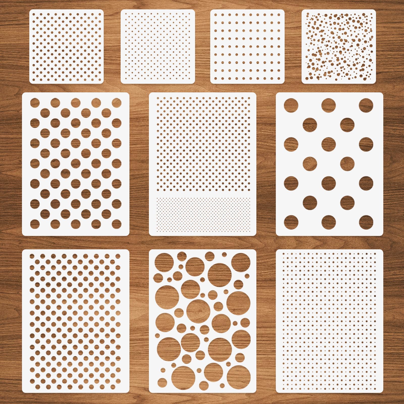 Dots Stencils, 10 Pcs Mixed Media Assorted Size Polka Dot Stencils Repeating Reusable Cluttered Circle Stencils for Painting on Wood Furniture Pillow Wall Scrapbook Card Making DIY Craft (A4 & 6"x6")