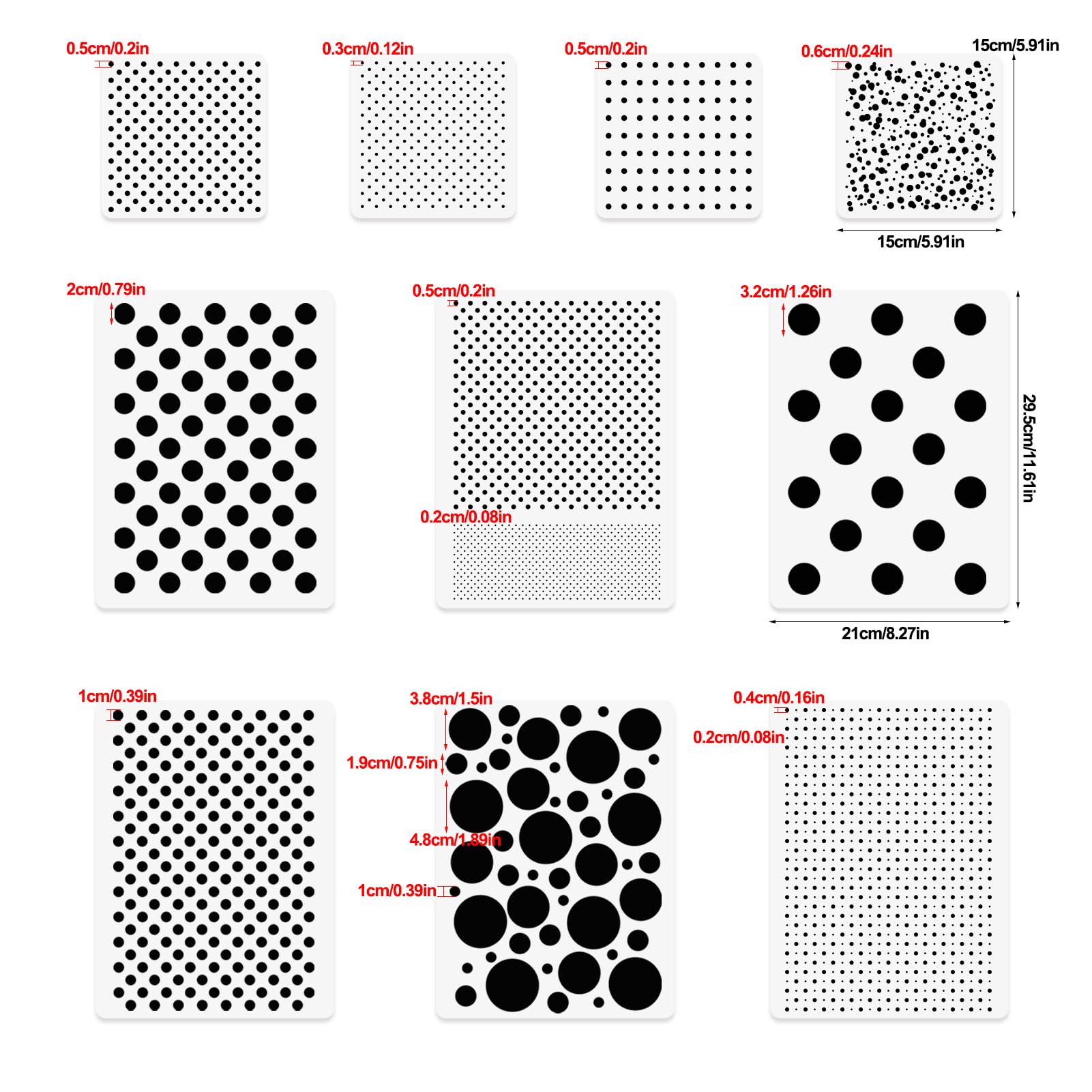 Dots Stencils, 10 Pcs Mixed Media Assorted Size Polka Dot Stencils Repeating Reusable Cluttered Circle Stencils for Painting on Wood Furniture Pillow Wall Scrapbook Card Making DIY Craft (A4 & 6"x6")