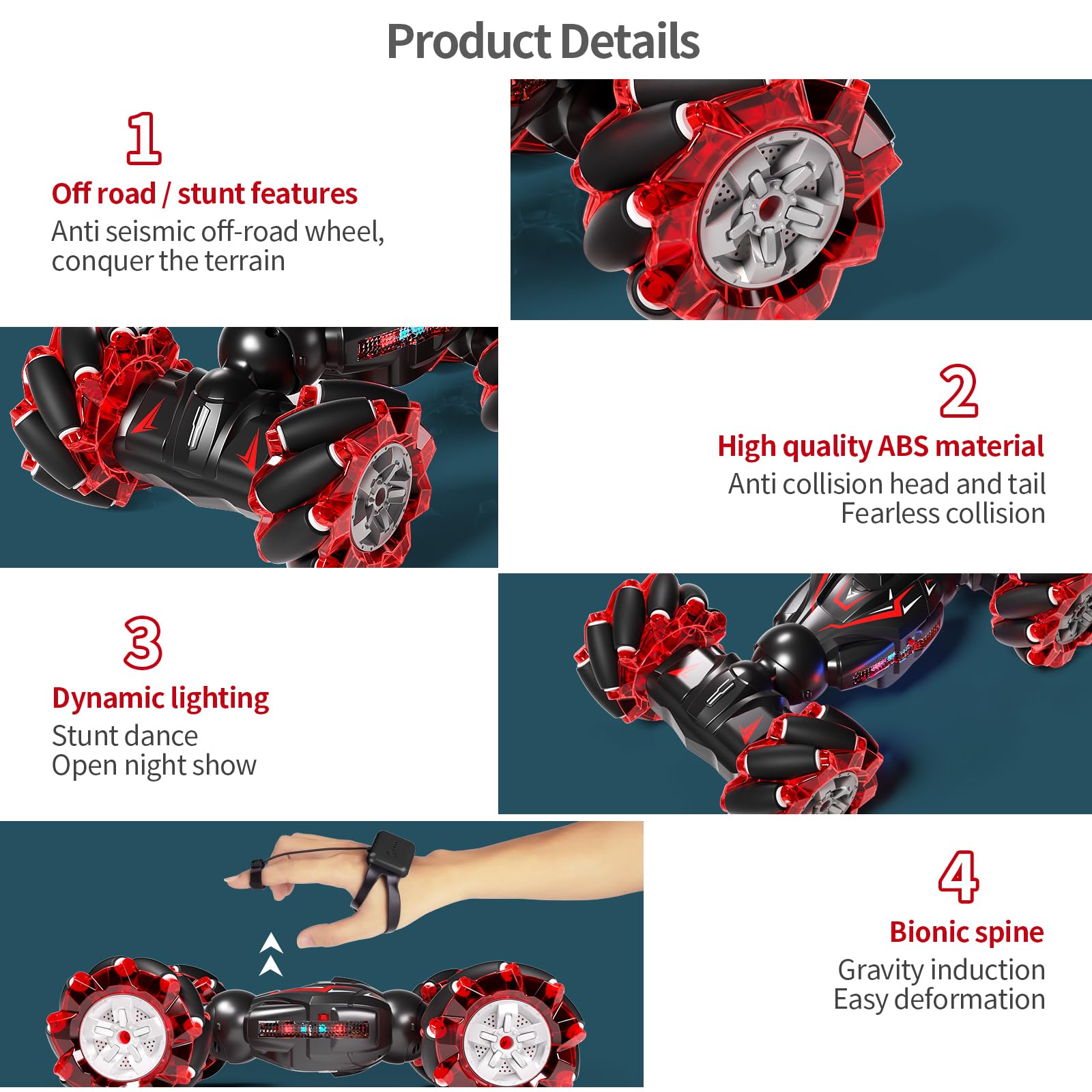 Jovow 1:12 Red RC Stunt Car, 2.4GHz 4WD Remote Control Gesture Sensor Toy Cars, Double Sided Rotating Off Road Vehicle 360° Flips with Lights Music, Toy Cars for Boys & Girls Birthday