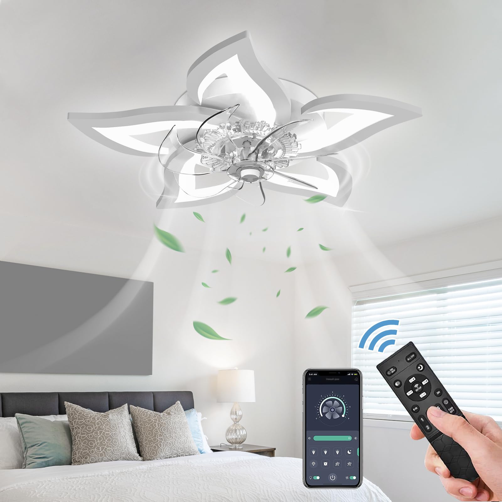 GooComfy Dimmable Ceiling Fan with Light and Remote Control, 27" Small Flush Mounted Ceiling Fan with Led Lights, APP and Remote Controlled, Modern, White, Upgraded