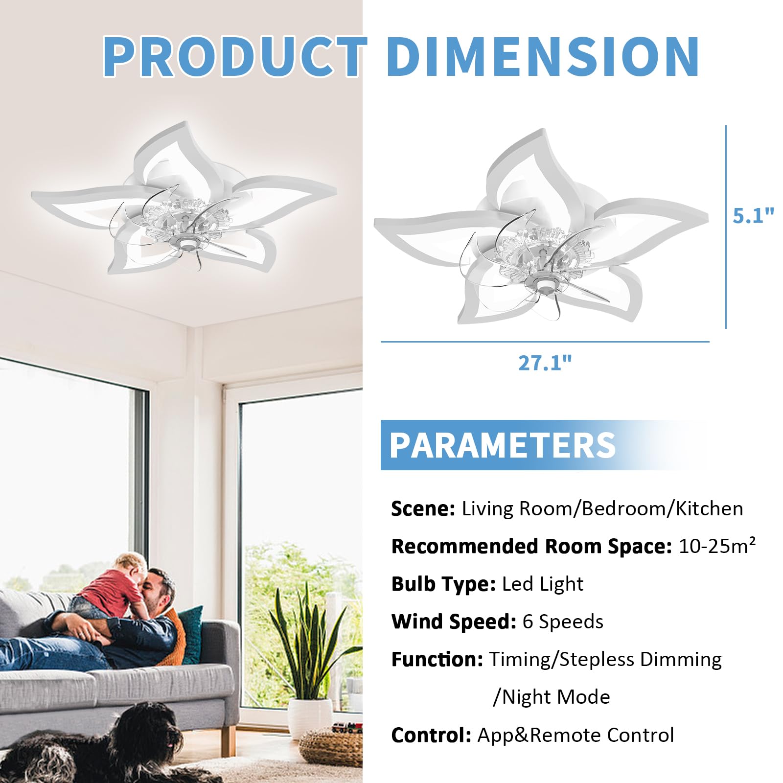 GooComfy Dimmable Ceiling Fan with Light and Remote Control, 27" Small Flush Mounted Ceiling Fan with Led Lights, APP and Remote Controlled, Modern, White, Upgraded